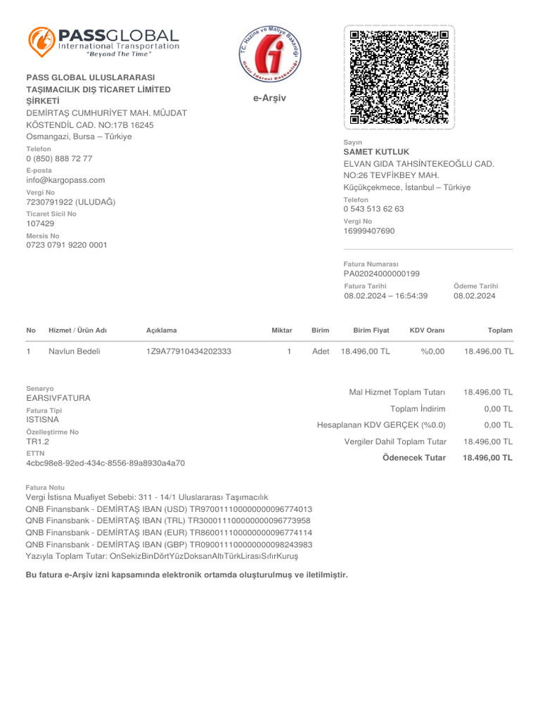 Pass Global Uluslararasi Tasimacilik Ve Dis Ticaret LTD Sti Fatura 2024-02-08 | PDF