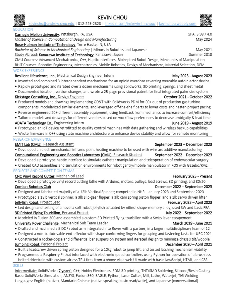 Kevin Chou Resume | PDF | Robotics | 3 D Printing