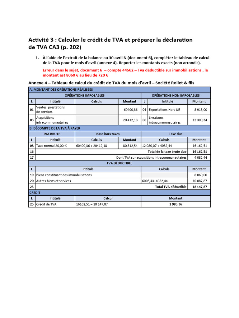 Calcul du crédit de TVA et déclaration CA3 | PDF | Économie