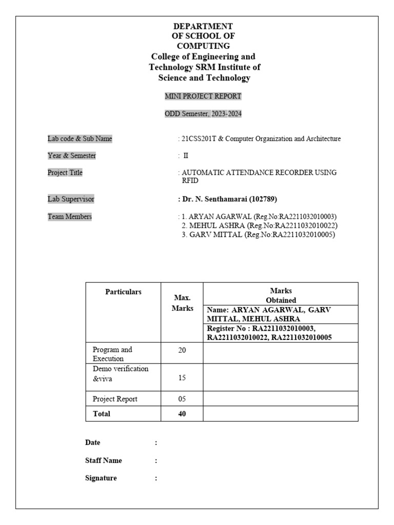 RFID Attendance System | PDF | Arduino | Radio Frequency Identification
