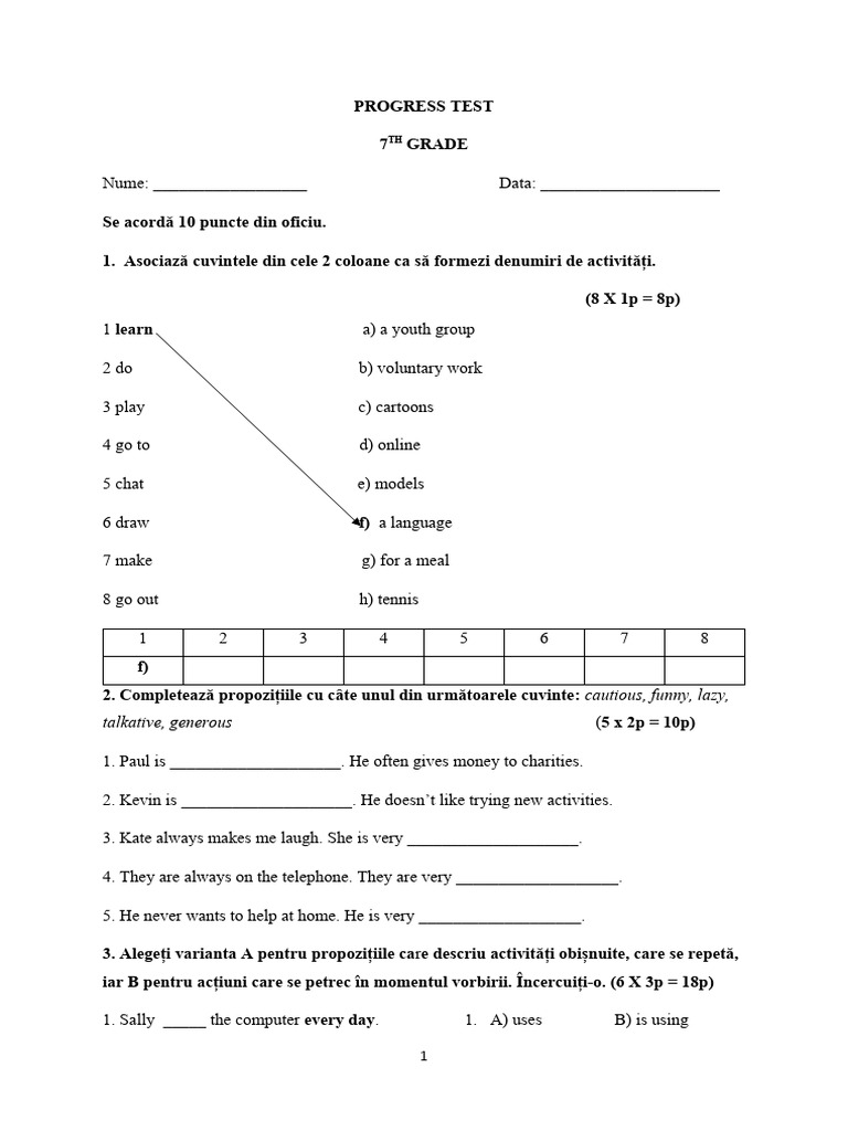 7th Grade Progress Test on Activities | PDF