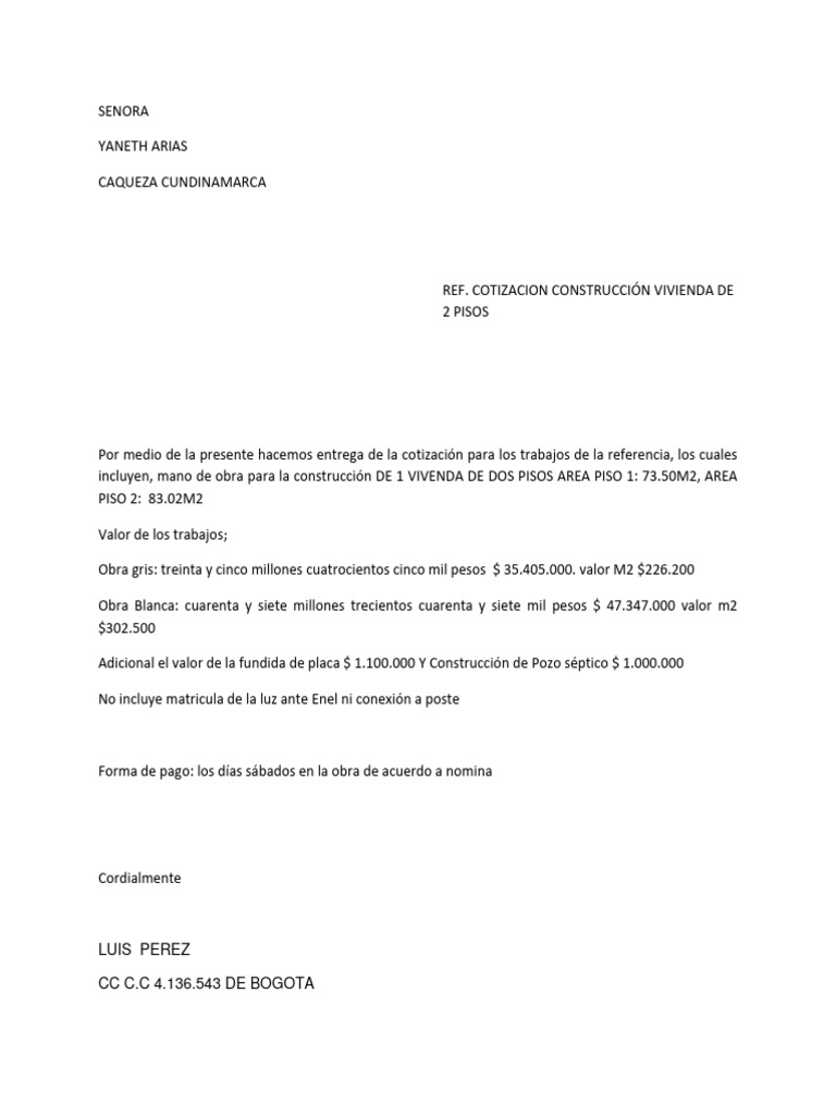 Cotizacion Mano de Obra Yaneth Arias Reyes | PDF