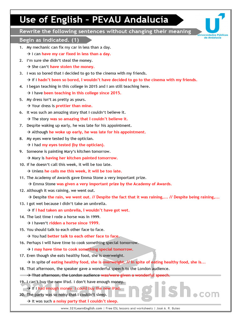 Grammar Use of English Andalucia Selectividad 10 Pevau Rewriting 1 Key 321LearnEnglish Com | PDF