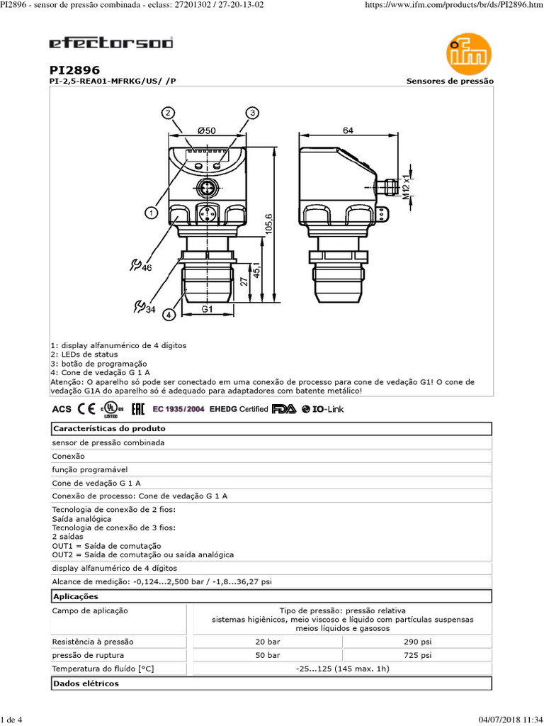 Sensor de Pressão Combinada Com Display Eletr PI2896 - 27201302 - 27-20 ...