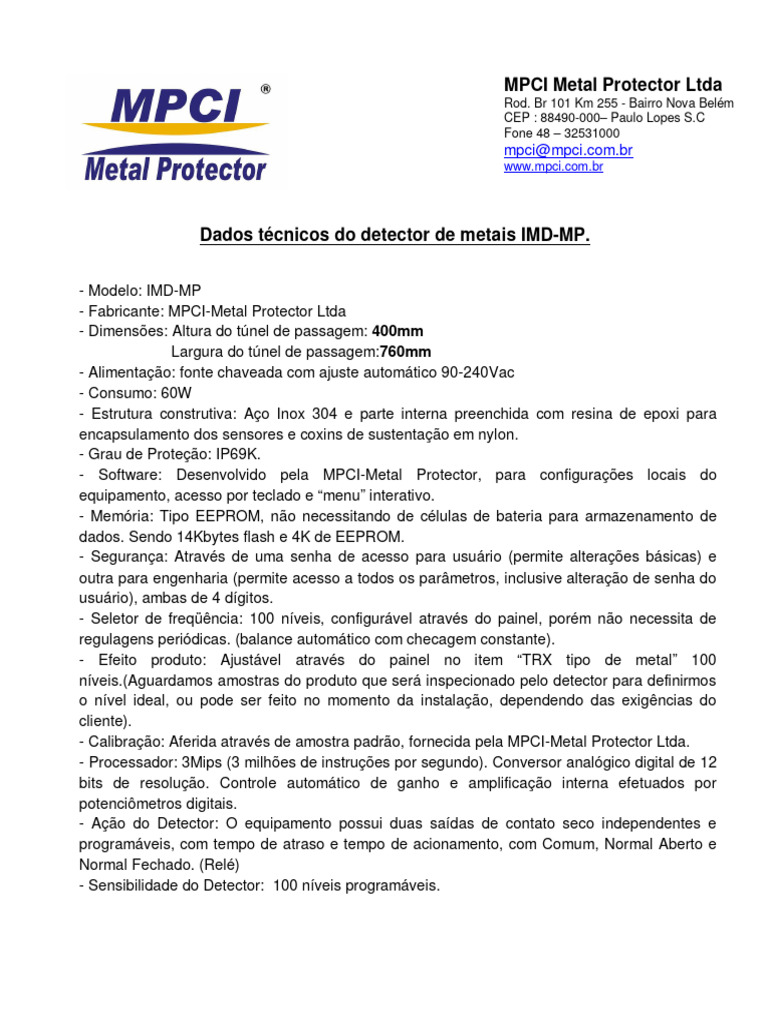 Detector de Metais IMD-MP: Especificações Técnicas | PDF | Bens ...