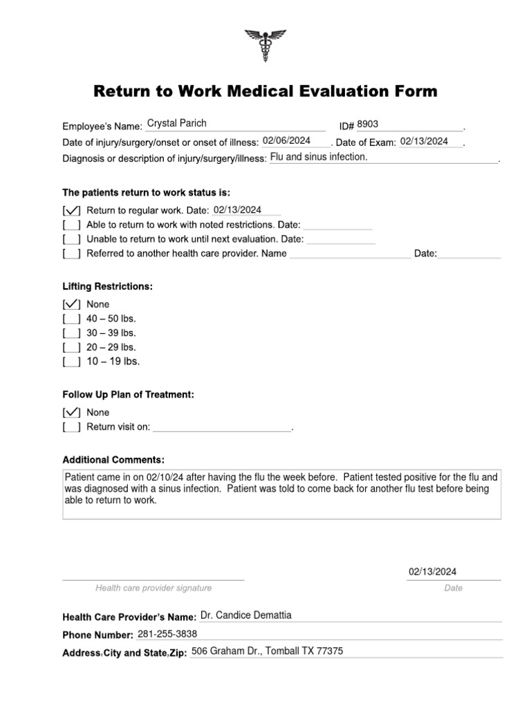 Return to Work Medical Evaluation Form | PDF