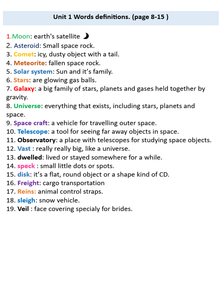 Space and Vocabulary Definitions Guide | PDF | Outer Space | Planets