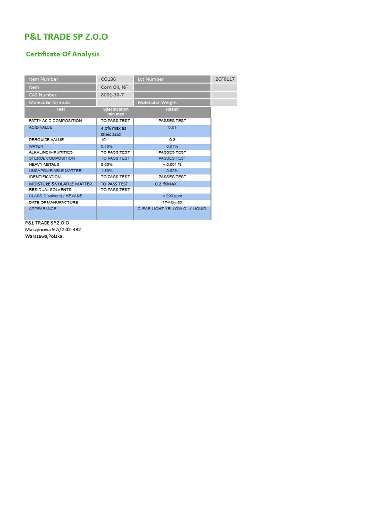 Corn Oil NF Certificate Analysis | PDF