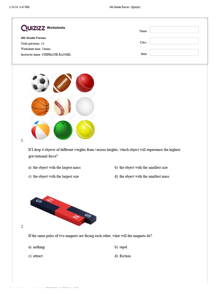 4th Grade Force Quiz Worksheet | PDF | Force | Mass