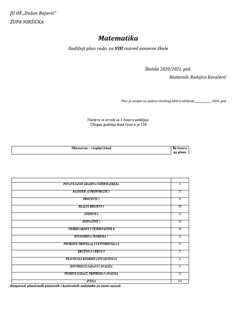 Matematika-VIII-razred-I-polugode - Primjer GPP Sa Interneta | PDF