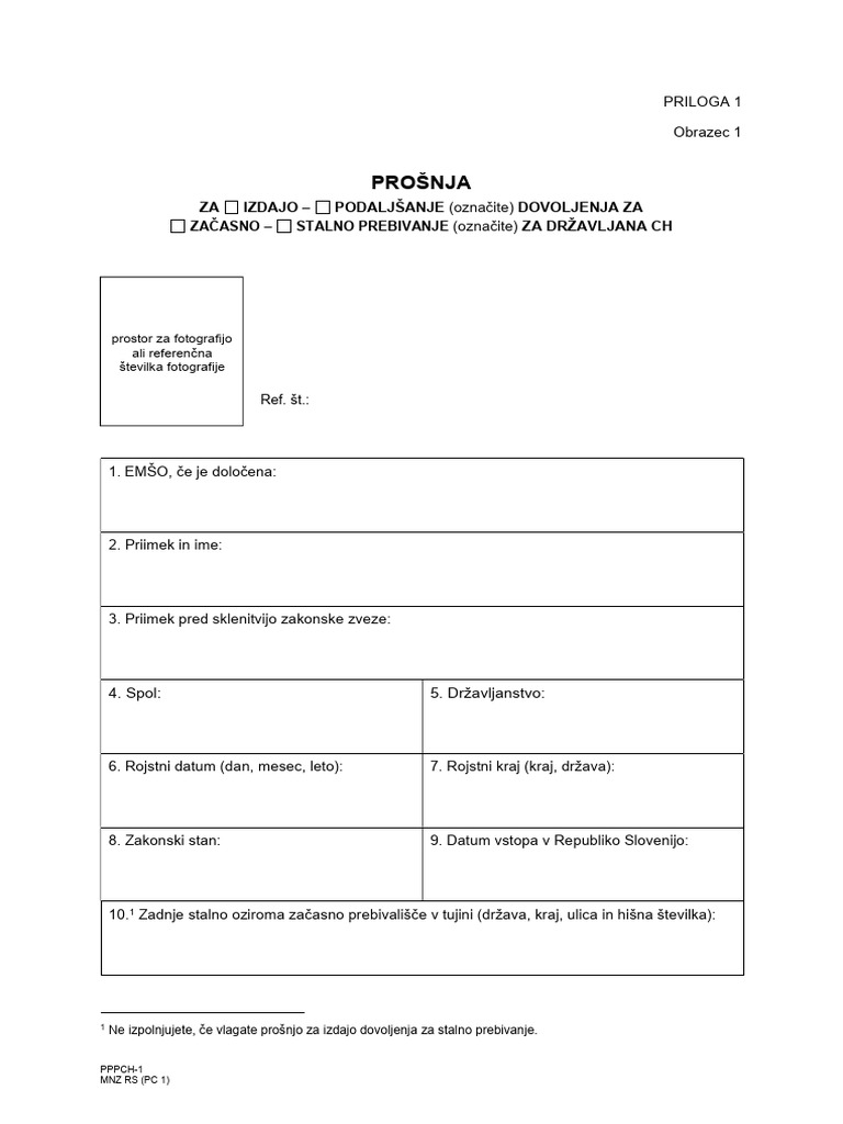Prosnja Za Dovoljenje Za Zacasno Ali Stalno Prebivanje Za Drzavljana ...