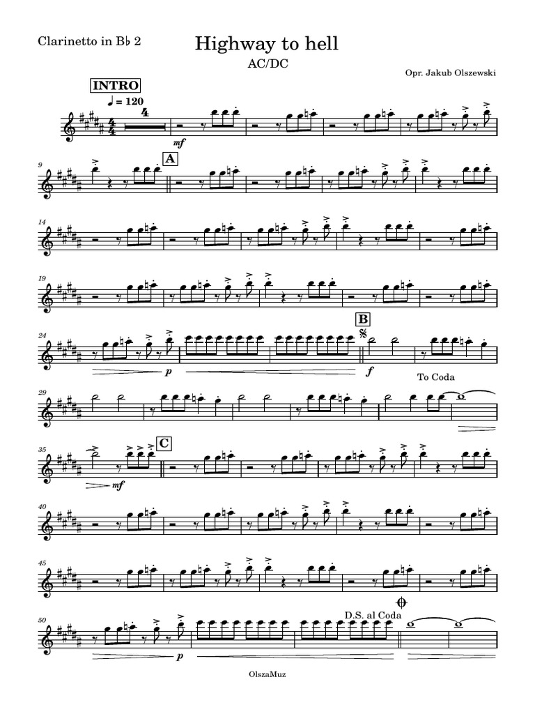 Highway to Hell Clarinet Sheet Music | PDF | Hard Rock