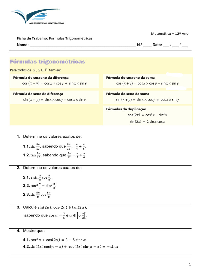 FT Fórmulas Trigonométricas 12º | PDF | Círculo | Sistema de coordenada ...