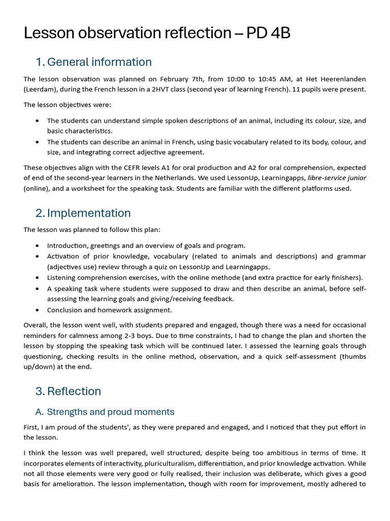 Lesson Observation Self Reflection Pdf Learning Reinforcement