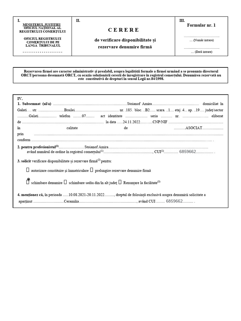 Cerere Disponibilitate Denumire | PDF