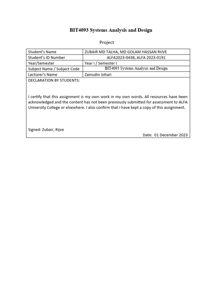 ZUBAIR - MD - TALHA - ALFA2023-0438 BIT4093 Systems Analysis and Design ... ZUBAIR - MD - TALHA - ALFA2023-0438 BIT4093 Systems Analysis and Design ...