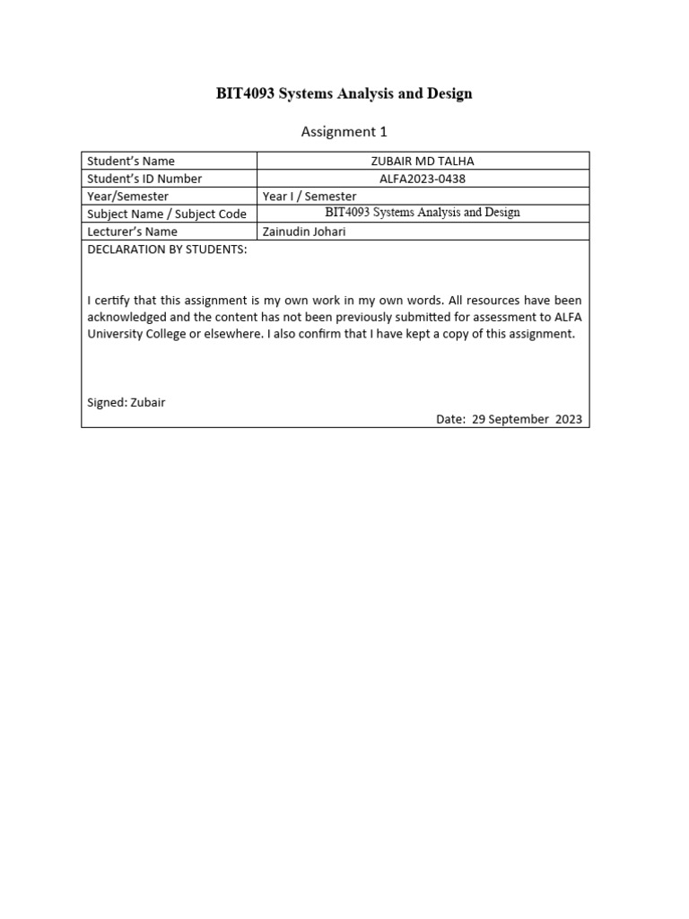 ZUBAIR - MD - TALHA - ALFA2023-0438 BIT4093 Systems Analysis and Design Assignment | PDF ...