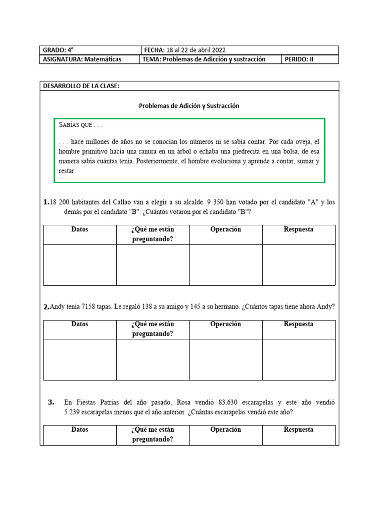Problemas Adicion y Sustracción | PDF