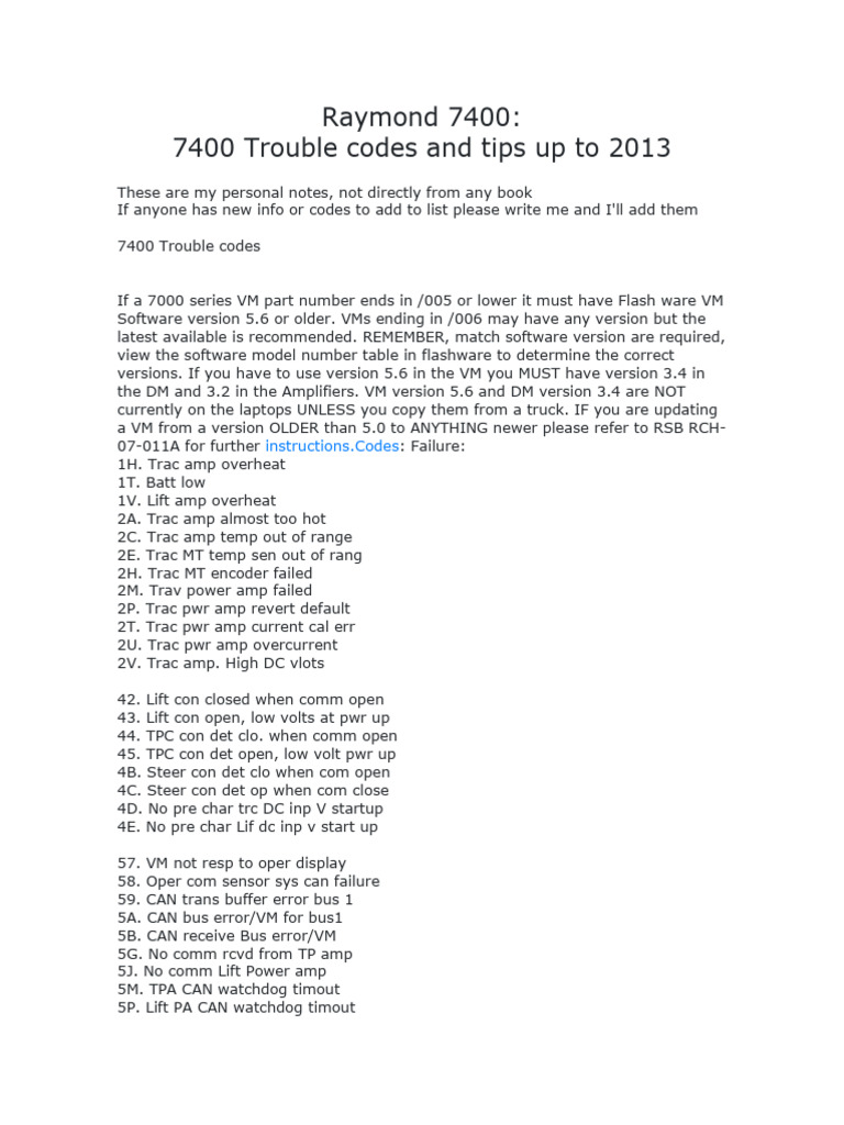 Raymond 7400 Error Code Guide | PDF | Information And Communications ...