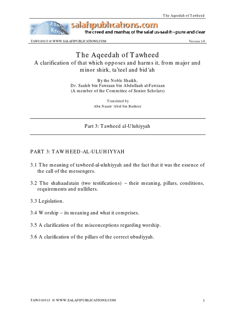 The Aqeedah of Tawheed Part 3 - Tawheed Ul-Uluhiyyah | Download Free PDF | Tawhid | Kafir