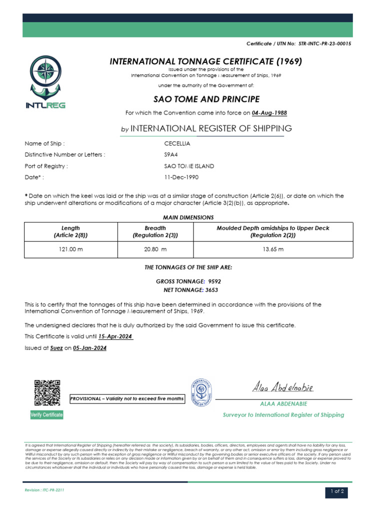 International Tonnage Certificate for CECELLIA | PDF | Tonnage | Ships