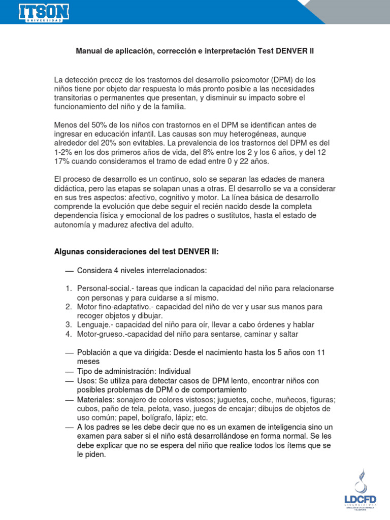 Manual de Aplicacion Correccion e Interpretacion Test DENVER II | PDF ...