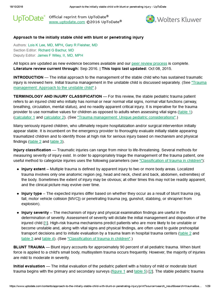 Approach to the Initially Stable Child With Blunt or Penetrating Injury - UpToDate | PDF ...