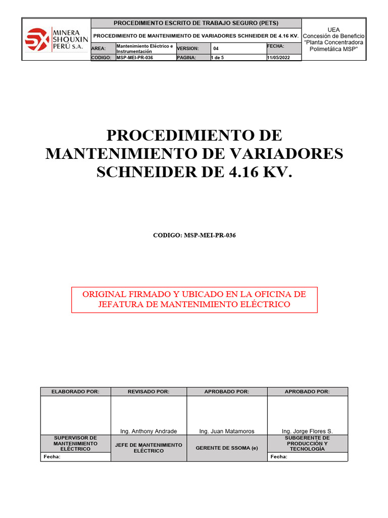 Procedimiento de Mantenimiento de Variadores Schneider de 4.16 KV | PDF