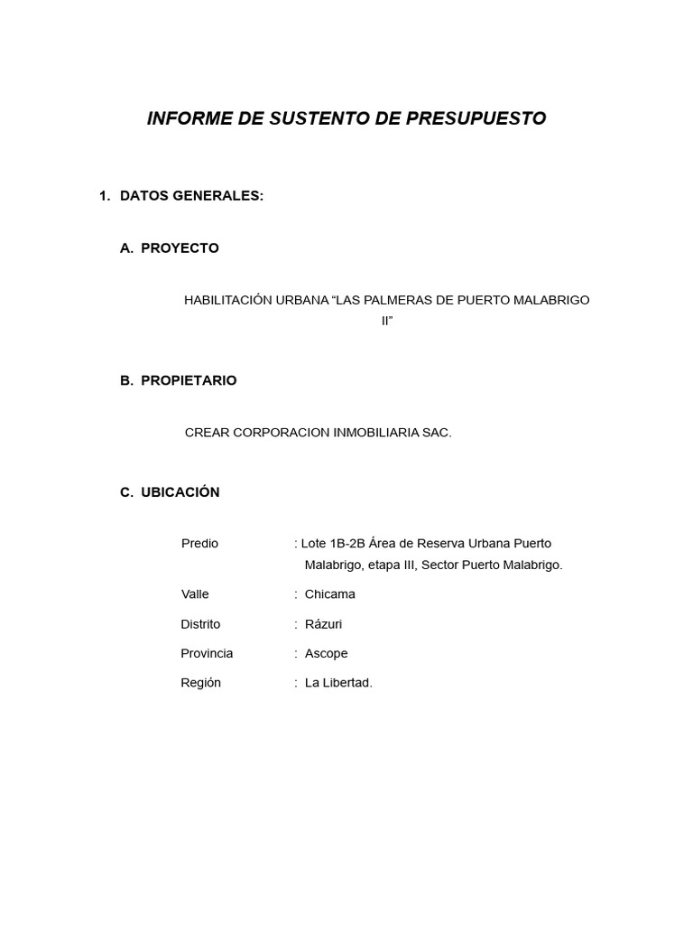 Informe de Sustento de Presupuesto | Descargar gratis PDF | Materiales | Materiales de construcción