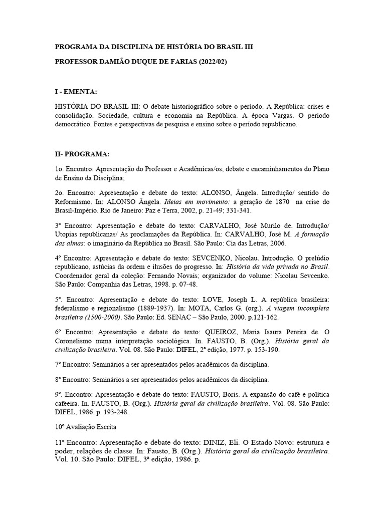 Programa Da Disciplina de História Do Brasil Iii | PDF | Brasil