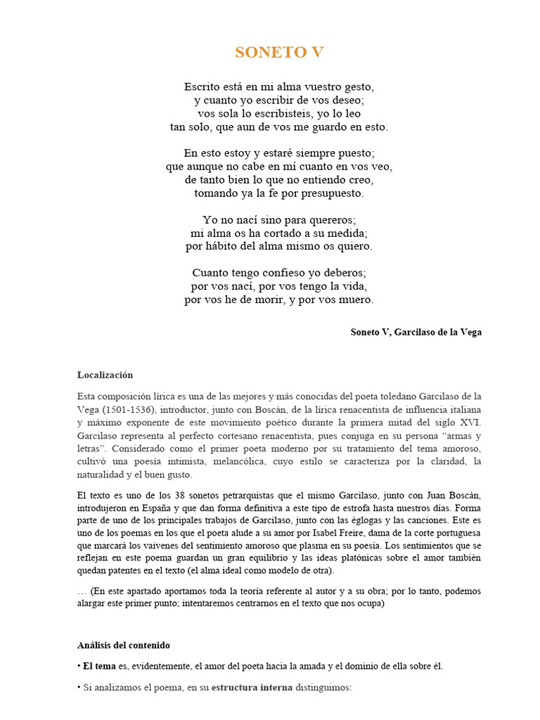 Soneto V de Garcilaso de La Vega (Comentario Realizado) | PDF | Poesía ...