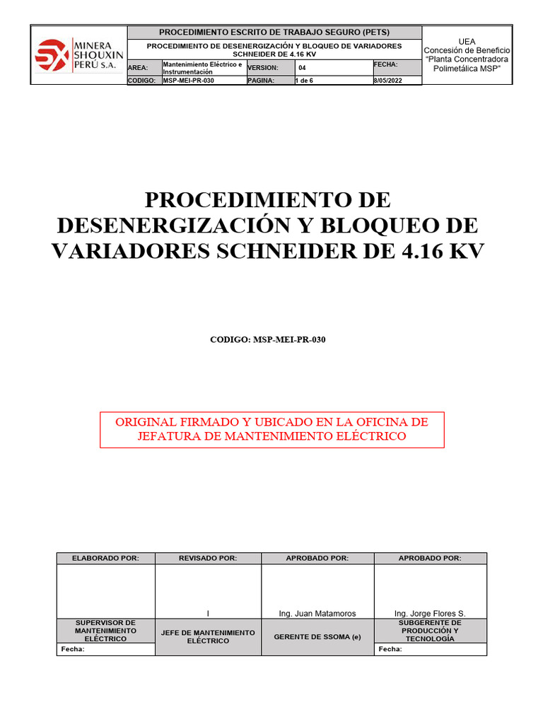 Procedimiento de Desenergización y Bloqueo de Variadores Schneider de 4.16 KV | PDF