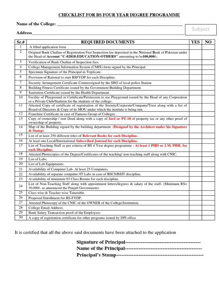Checklist Bs 4 Year Degree Programme | PDF | Economies