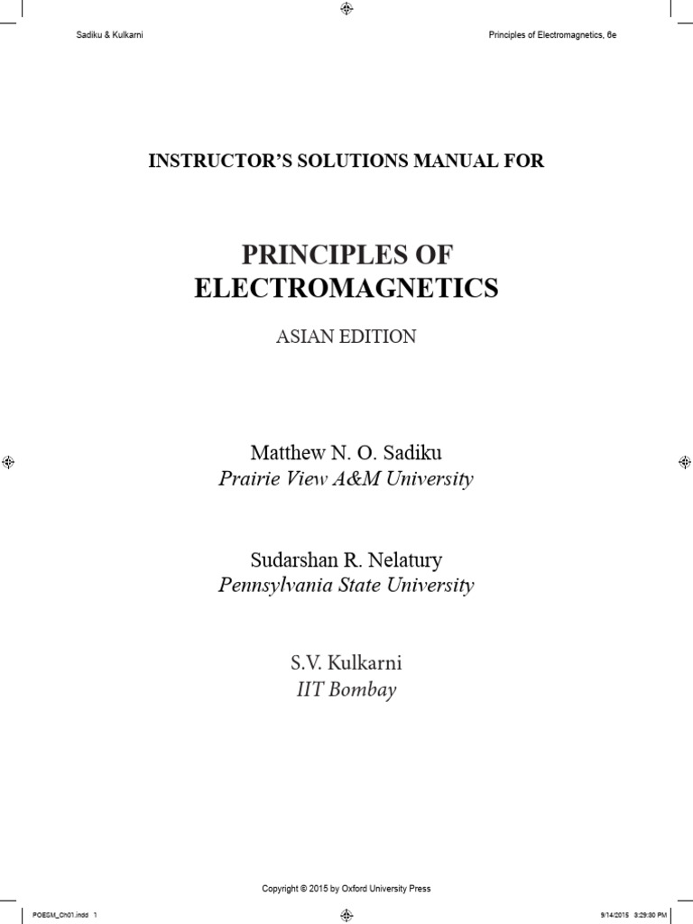 Instructors Solutions To Elements of Electromagnetics 6th Edition by ...