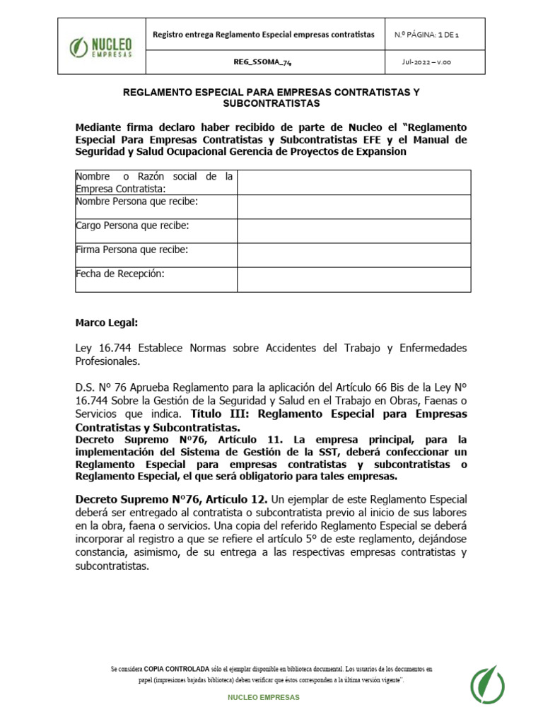 REG - SSOMA - 74 - Registro Entrega Reglamento Especial Empresas ... REG - SSOMA - 74 - Registro Entrega Reglamento Especial Empresas ...
