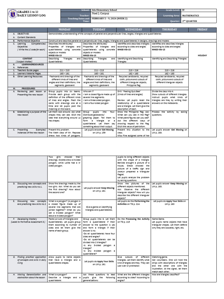 DLL_MATHEMATICS-4_Q3_W2 | PDF | Triangle | Shape