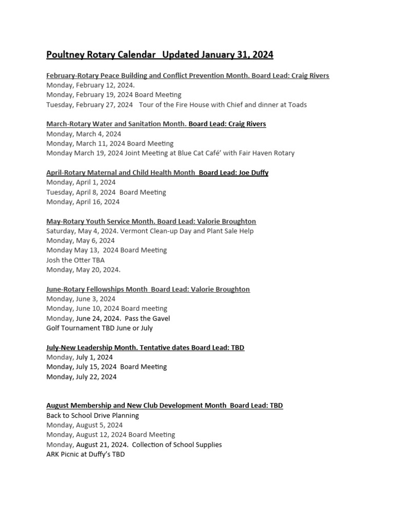 Poultney Rotary 2024 Event Calendar | PDF