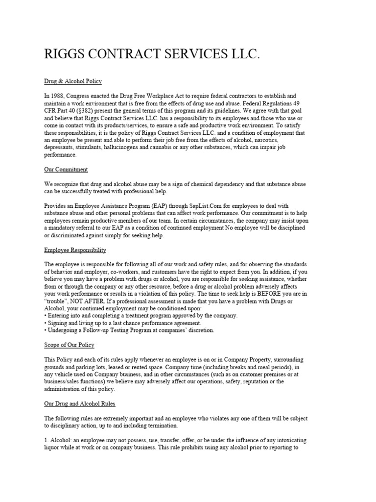 Riggs Contract Services LLC | PDF | Substance Abuse | Employment