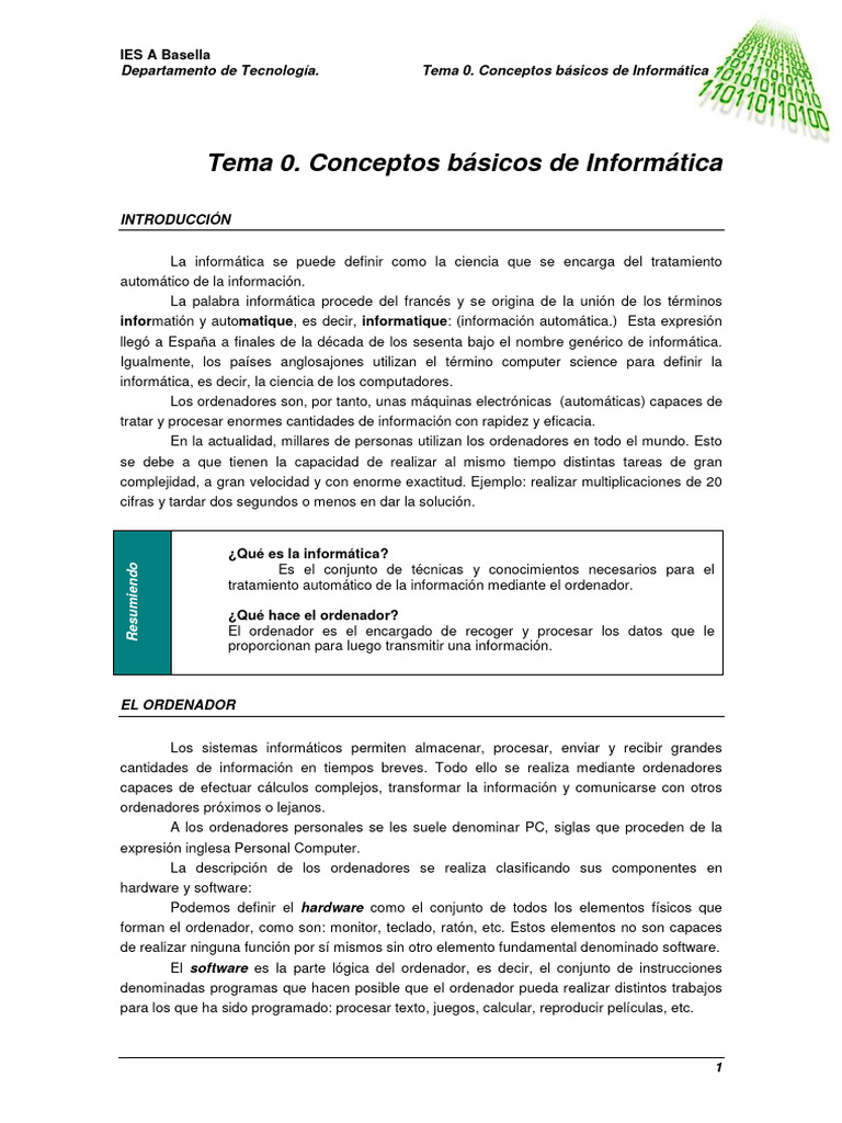 04 Tema 0 Conceptos Basicos de Informatica | PDF | Hardware de la computadora | Almacenamiento ...