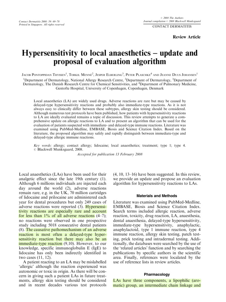 Hypersensitivity To Local Anaesthetics - Update and Proposal of Evaluation Algorithm.2008 | PDF ...