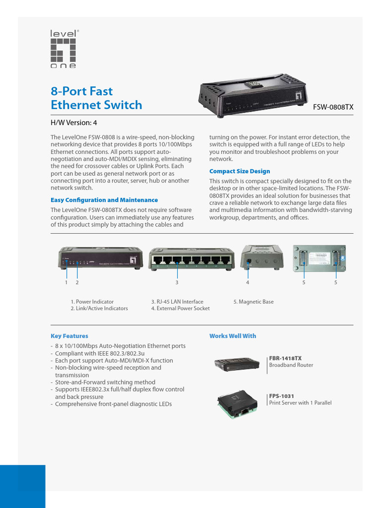 8-Port Fast Ethernet Switch: FSW-0808TX H/W Version: 4 | PDF | Network Switch | Computer Network