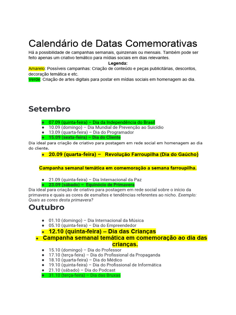 Calendário De Datas Comemorativas Pdf
