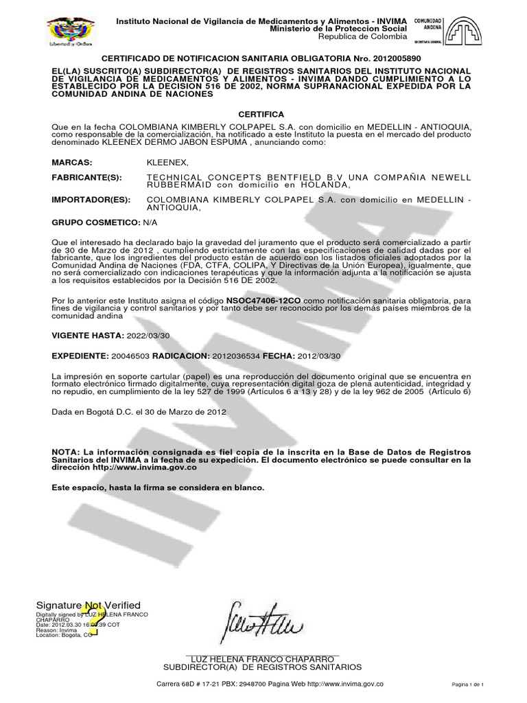 INVIMA (NSOC47406-12CO) Kleenex Dermo Jabon Espuma | PDF | Colombia