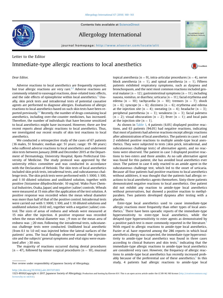 Immediate-Type Allergic Reactions To Local Anesthetics.2018 | PDF ...