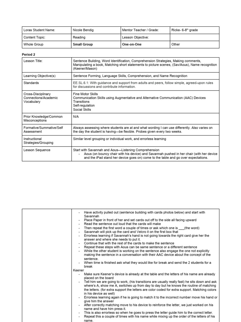 Period 2 Sped Lesson Plan | PDF | Reading Comprehension | Communication