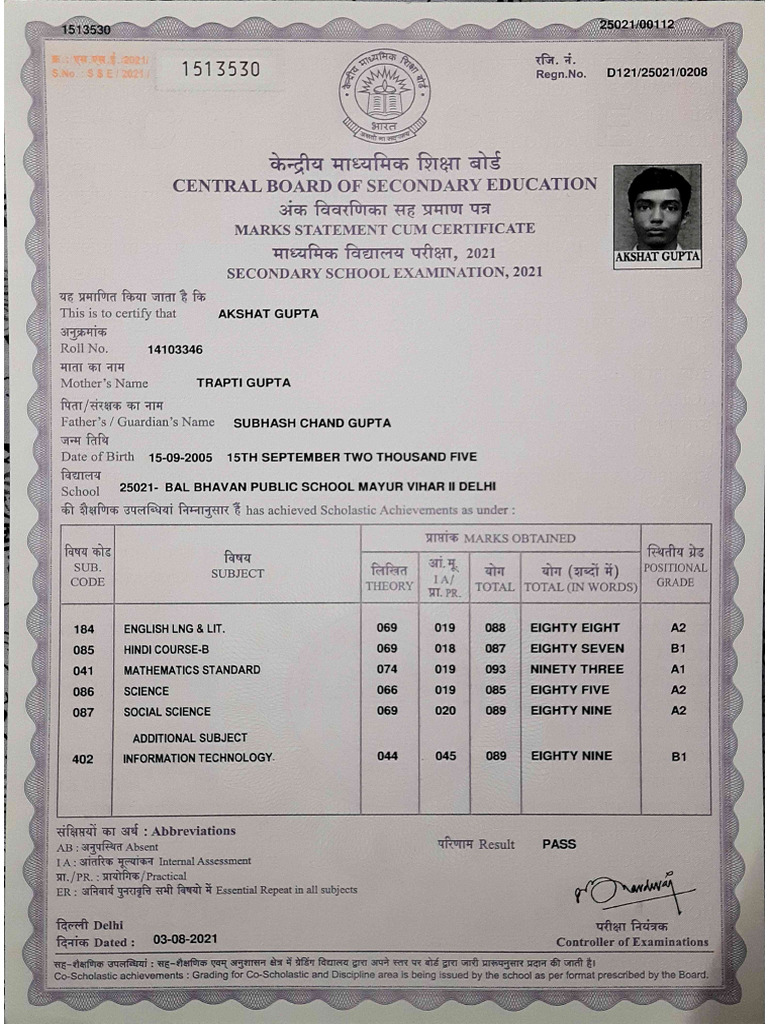 Class 10th Marksheet CBSE | PDF