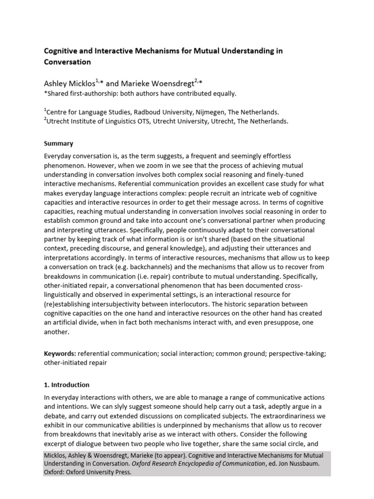 Micklos Woensdregt Cognitive Interactive Mutual Understanding PDF | PDF ...