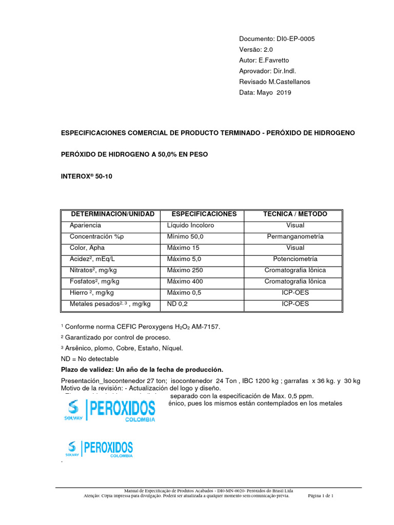 Ft. Peroxido de Hidrogeno 50% - Interox | PDF | Elementos metálicos ...
