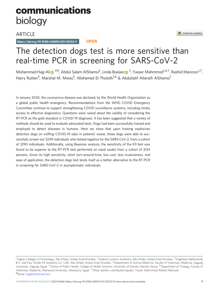 The Detection Dogs Test Is More Sensitive Than Real-Time PCR in ...
