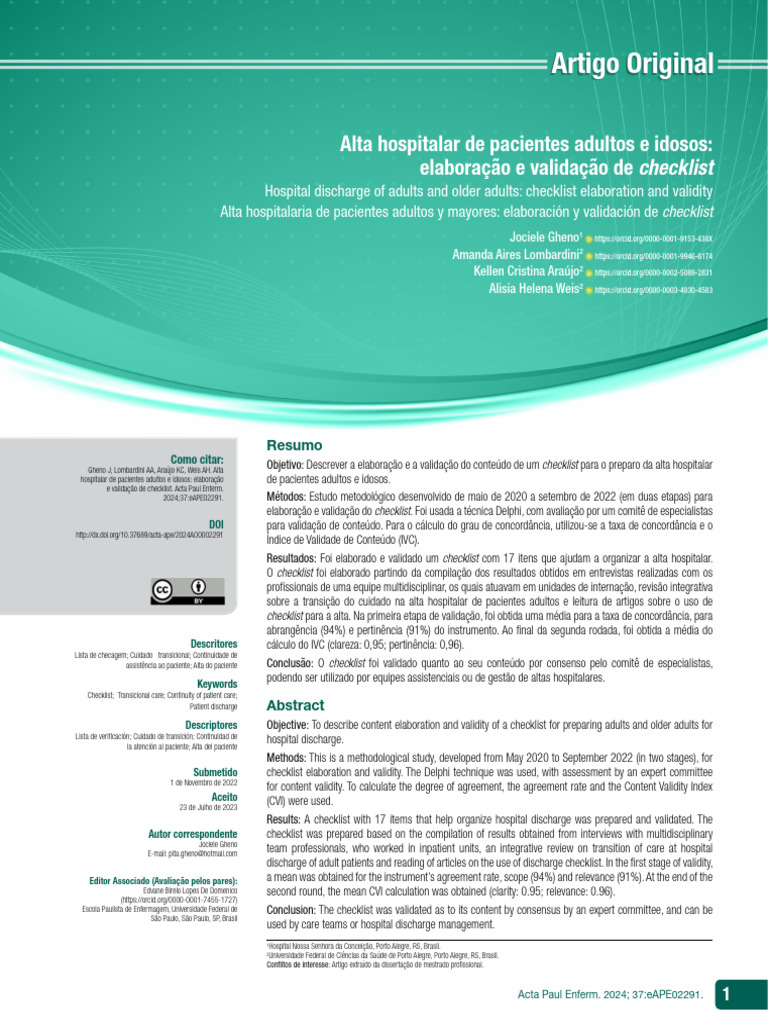 Checklist para Alta Hospitalar Validado | PDF